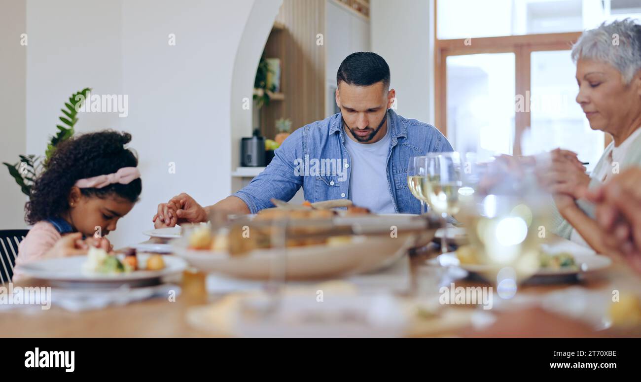 Christian, family and praying at dinner in home with gratitude, thanks ...