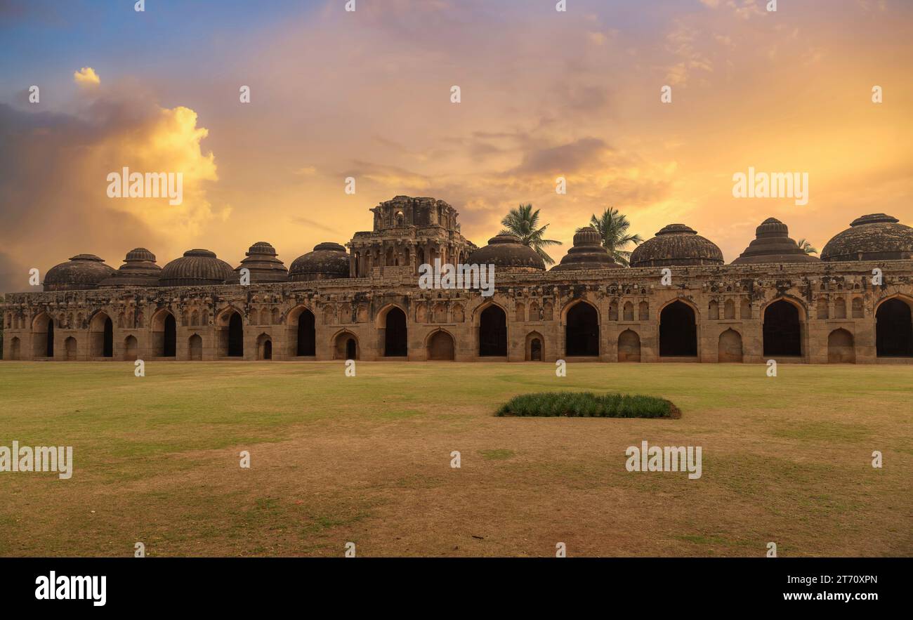 Elephant stable medieval architecture at Hampi Karnataka at sunset ...