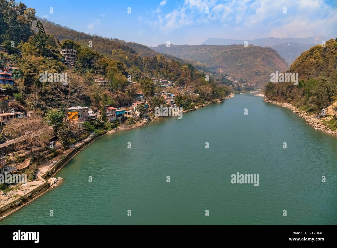 Aerial view of Teesta river valley with cityscape and view of the ...