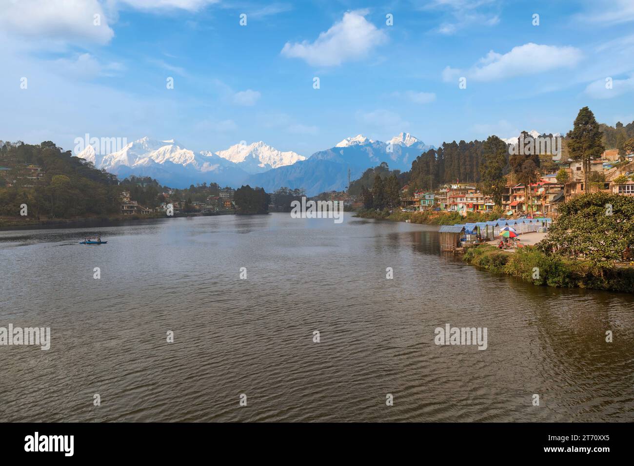 Mirik lake with view of hill station and the majestic Kanchenjunga ...