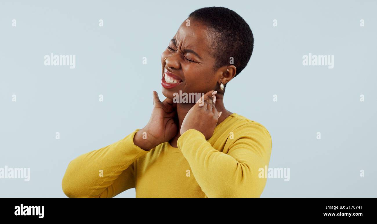 Black woman, neck pain and injury in stress, pressure or anxiety ...