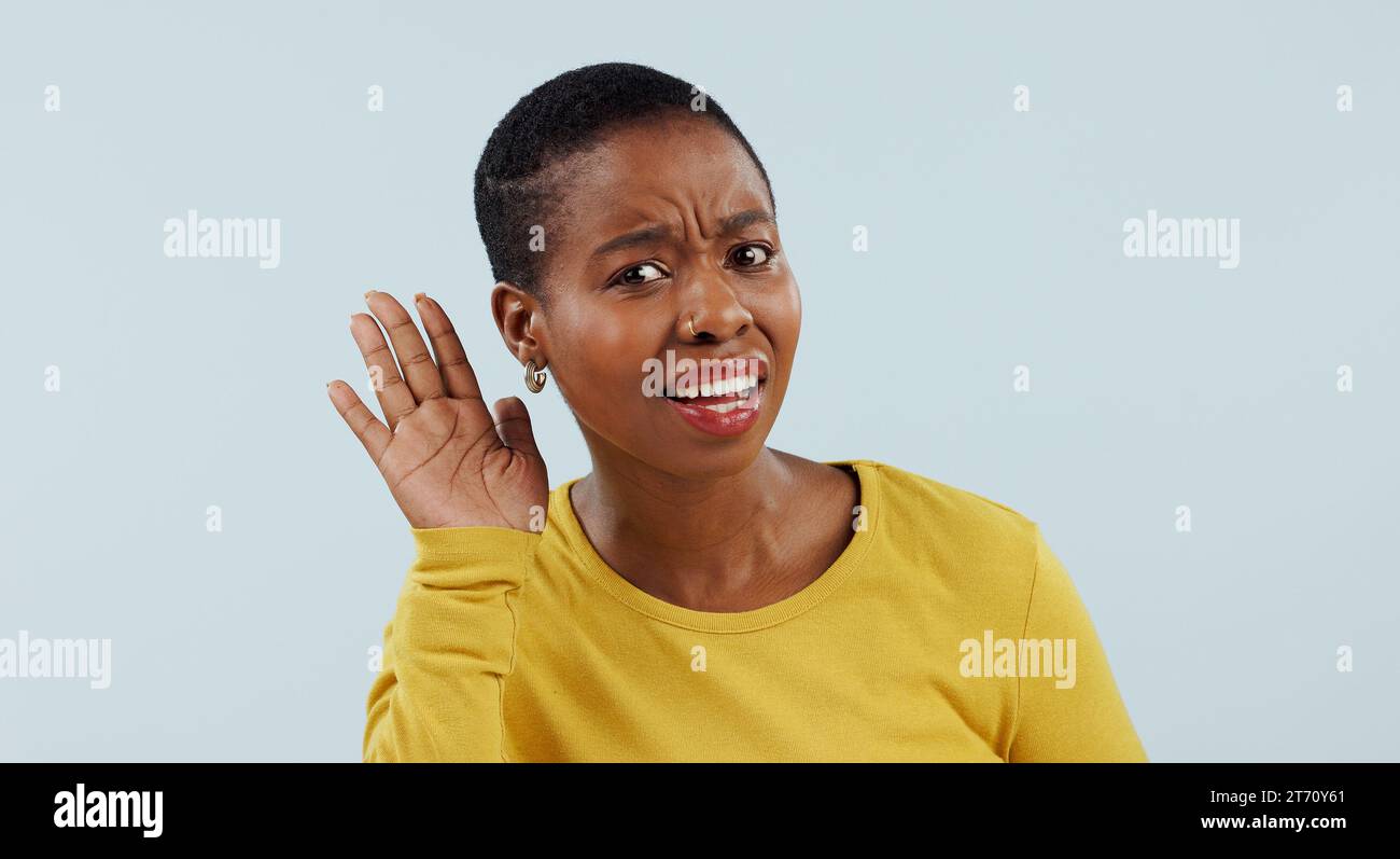 Listening, confused and whisper with portrait of black woman in ...