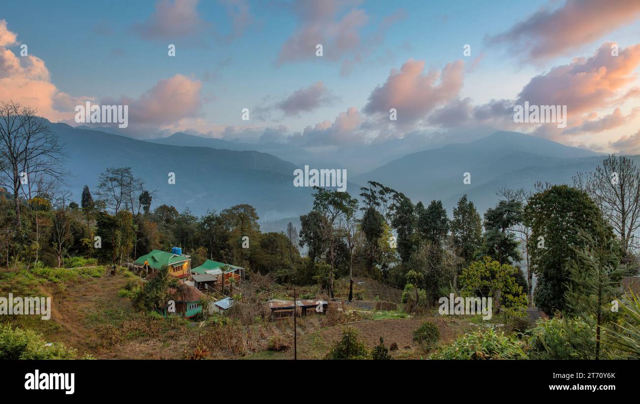 Panoramic view of scenic Himalaya mountain landscape with village ...