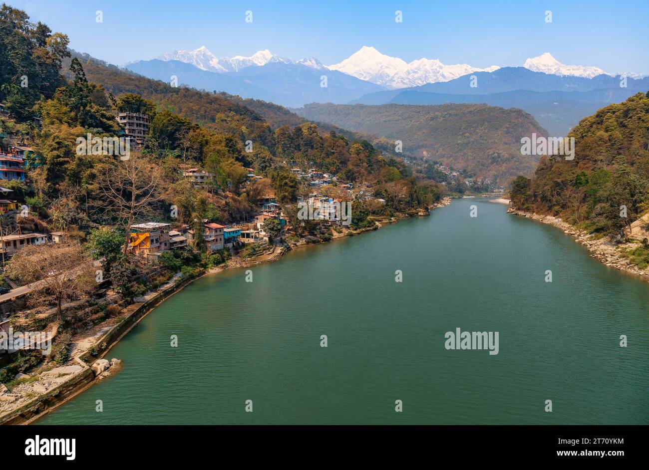 Aerial view of Teesta river valley with cityscape and view of the ...