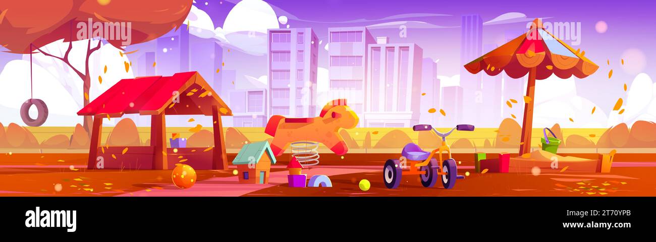 Kid playground in autumn city park illustration. Fall street landscape ...