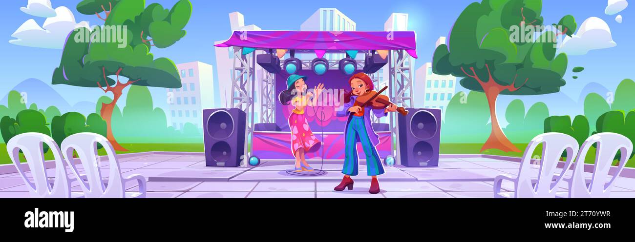 Outdoor music festival concert with stage in park. Street musician band ...