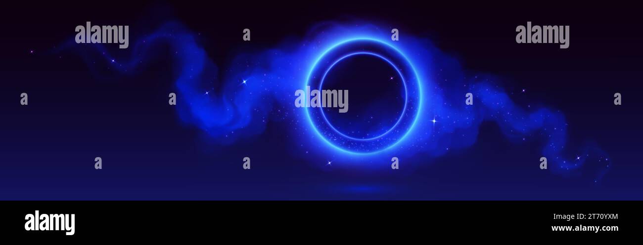 Neon blue circle in sparkling cloud of smoke. Vector realistic ...