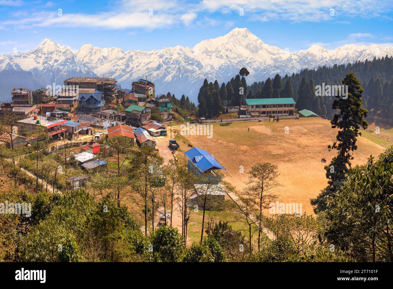 Beautiful aerial view of school and adjoining village town with view of ...