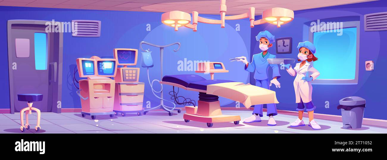 Surgeon and nurse standing in operating room with medical equipment and ...