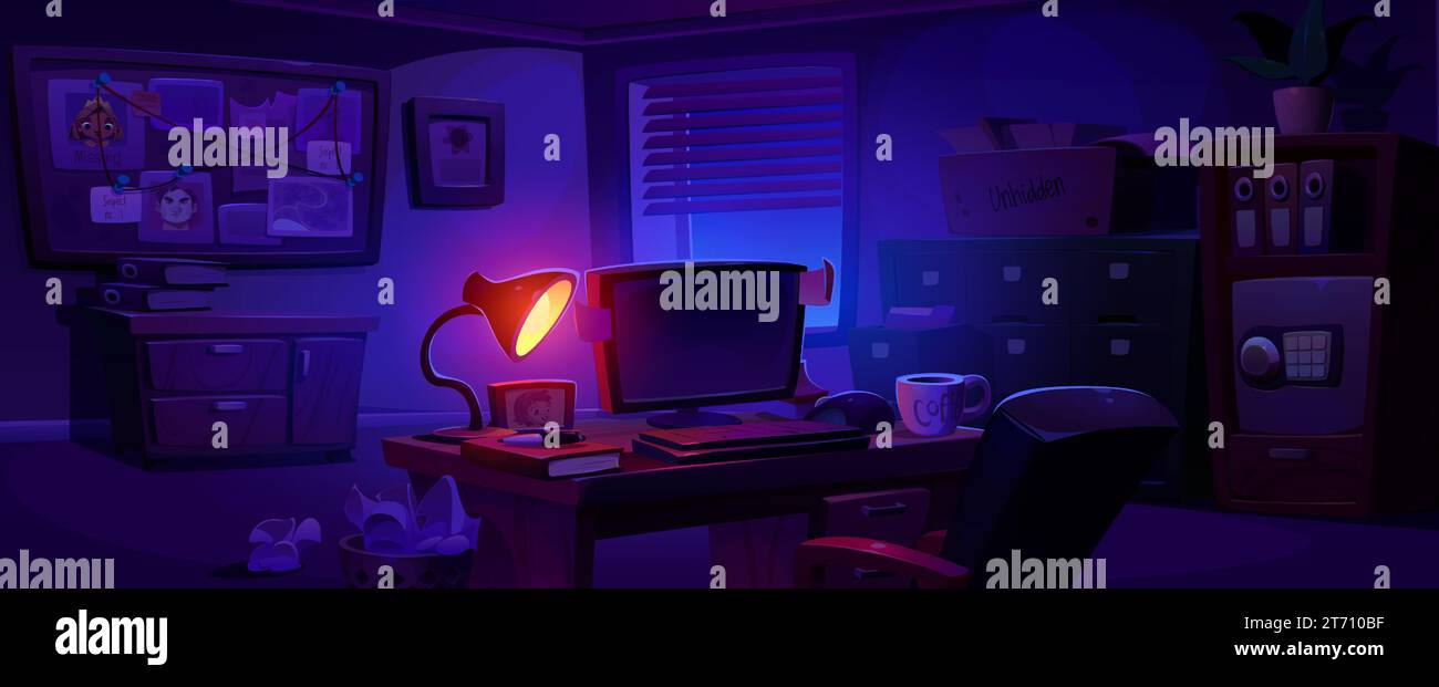 Detective office at night. Vector cartoon illustration of dark police ...
