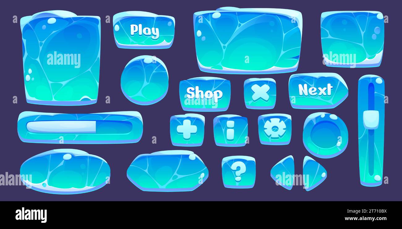 Ice game ui buttons set isolated on background. Vector cartoon illustration of blue frozen ...