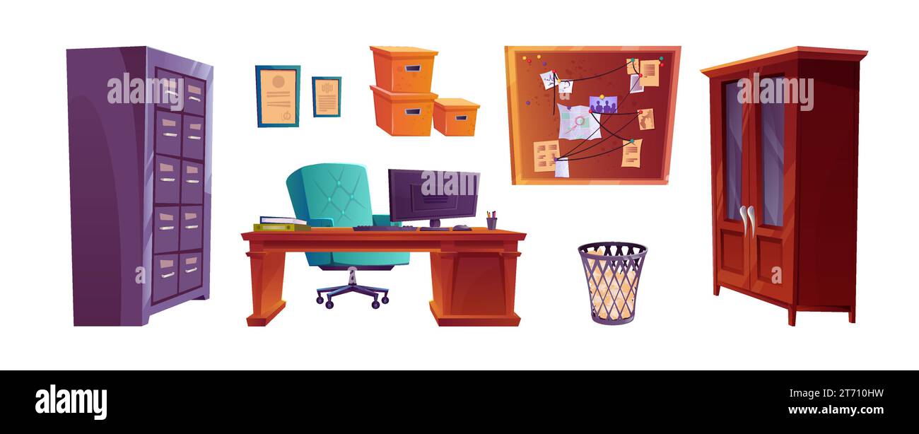 Retro detective office furniture set isolated on white background ...