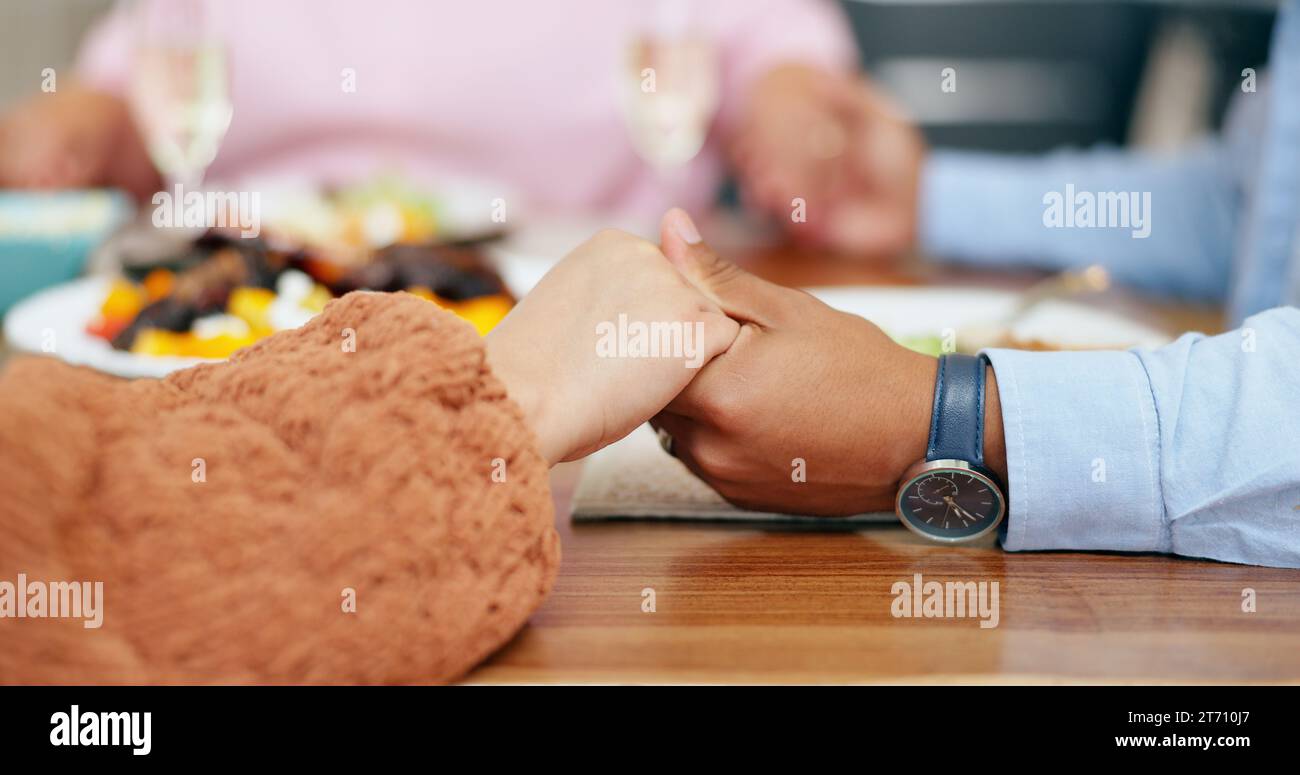 Hands, food or table for thanksgiving prayer by family together, dinner ...