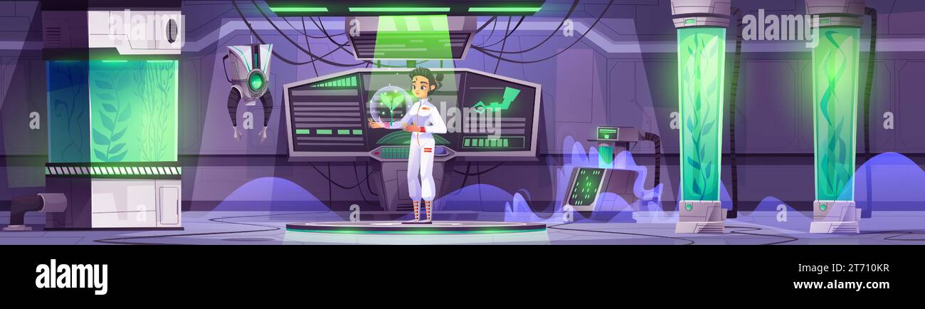 Female scientist in spaceship laboratory. Vector cartoon illustration ...
