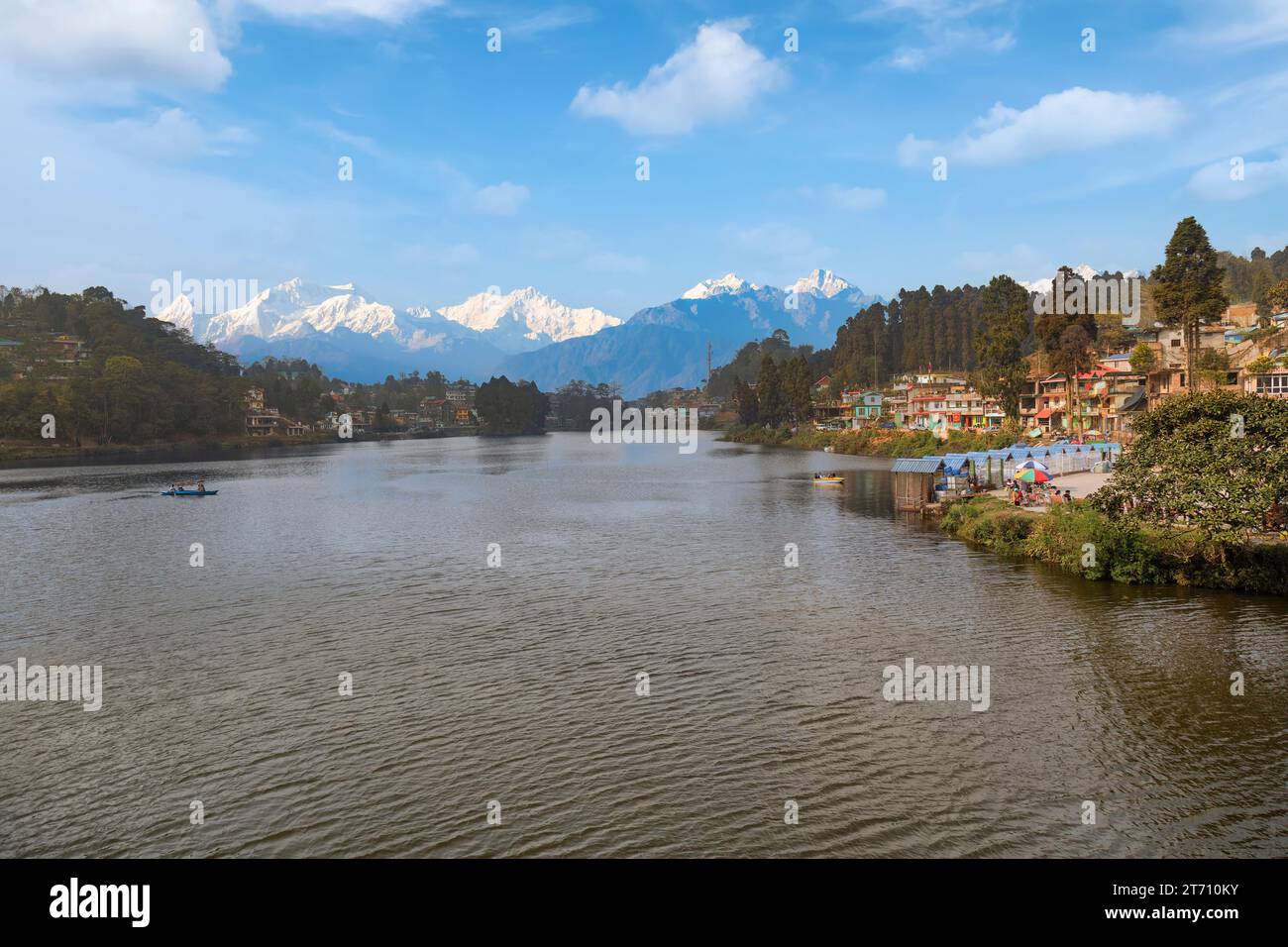 Mirik lake with view of hill station and the majestic Kanchenjunga ...