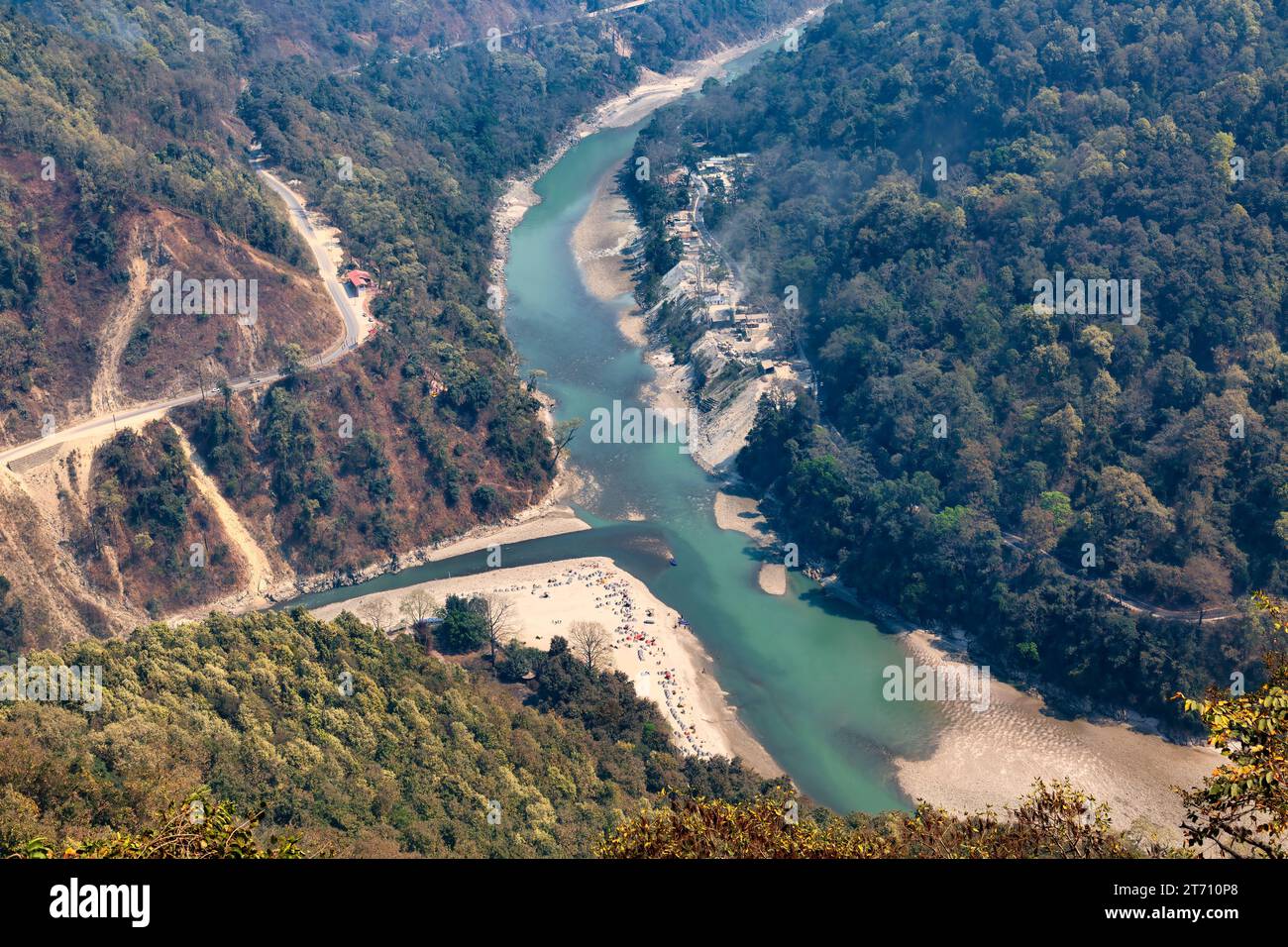 Aerial view of Teesta river valley with adjacent National Highway road ...