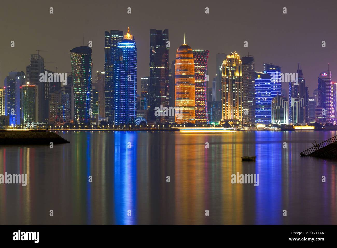The skyline of Qatar's capital city of Doha during the night Stock ...