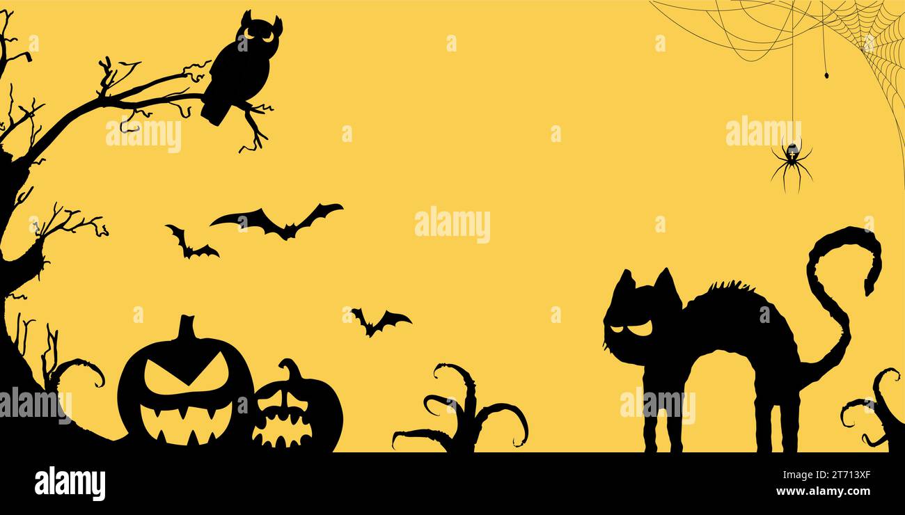 EPS 10 vector illustration with spooky cat with pumpkins, dead tree and ...