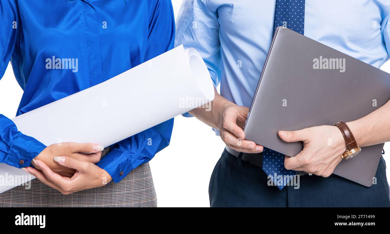 Data protection. Supervisor engineer with blueprint. Plan construction ...