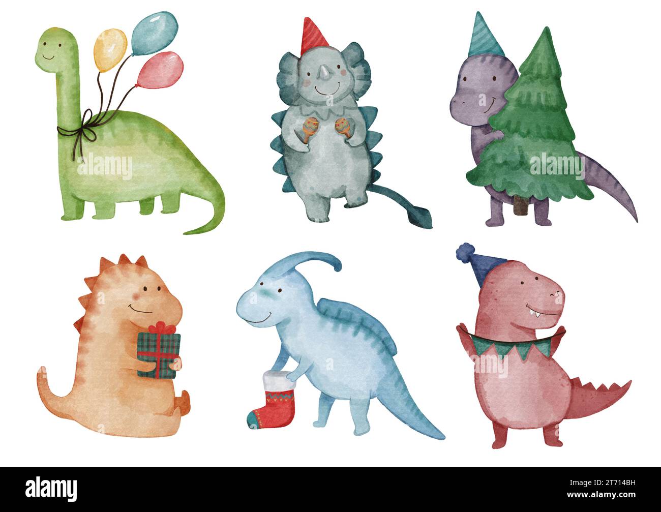 Dinosaurs . Christmas theme . Watercolor paint cartoon characters ...