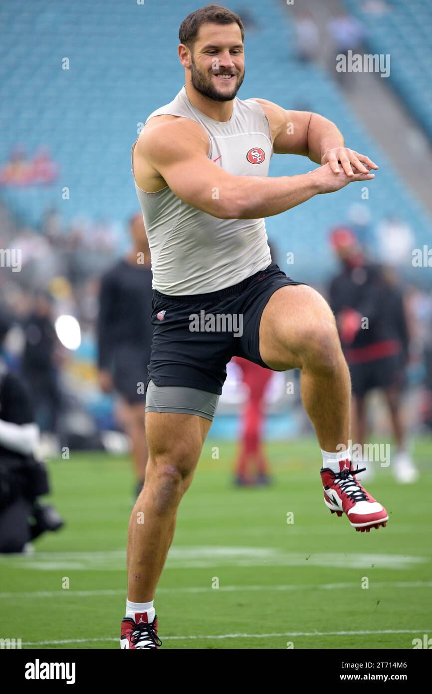 San Francisco 49ers defensive end Nick Bosa warms up before an NFL ...