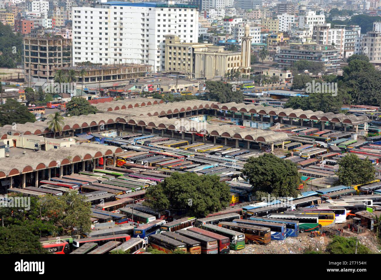 Ariel view of buses parked at Inter-district bus terminal during ...