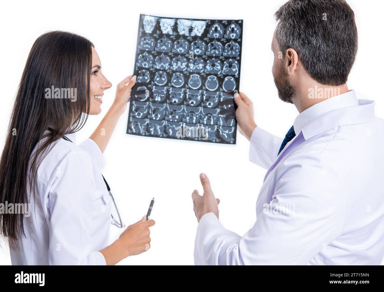 nurse hold xray of nuclear medicine look at mri scan of brain isolated ...