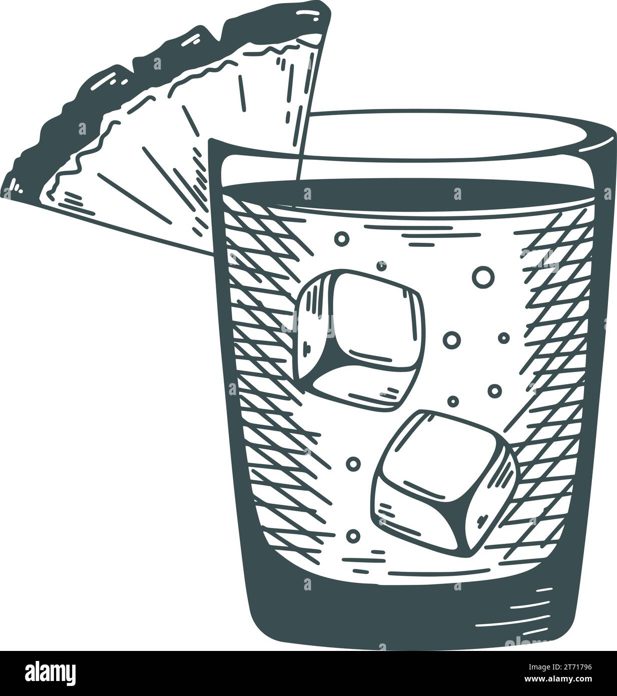 Cold drink with ice and pineapple ink sketch. Alcoholic beverage hand ...