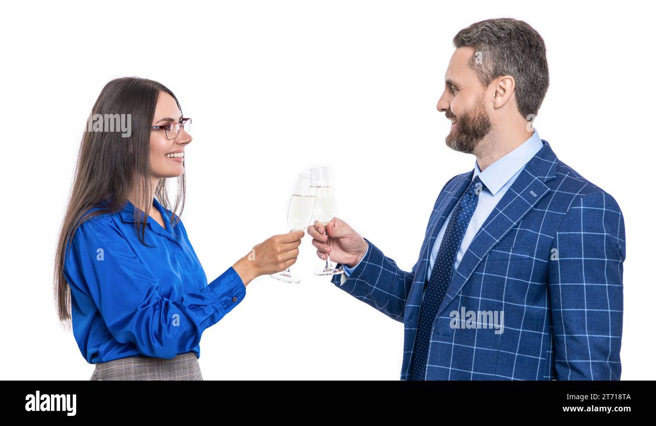 Corporate anniversary. Business partners celebrating success cheering ...