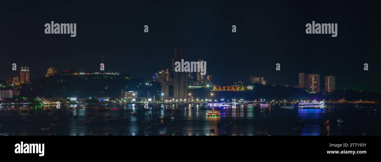 Pattaya Thailand, a view of the city skyline at night with hotels and ...