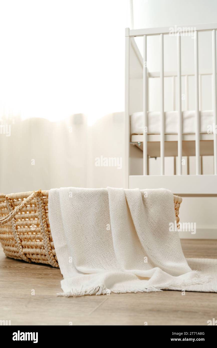 Interior of nursery room with baby crib and cradle Stock Photo - Alamy