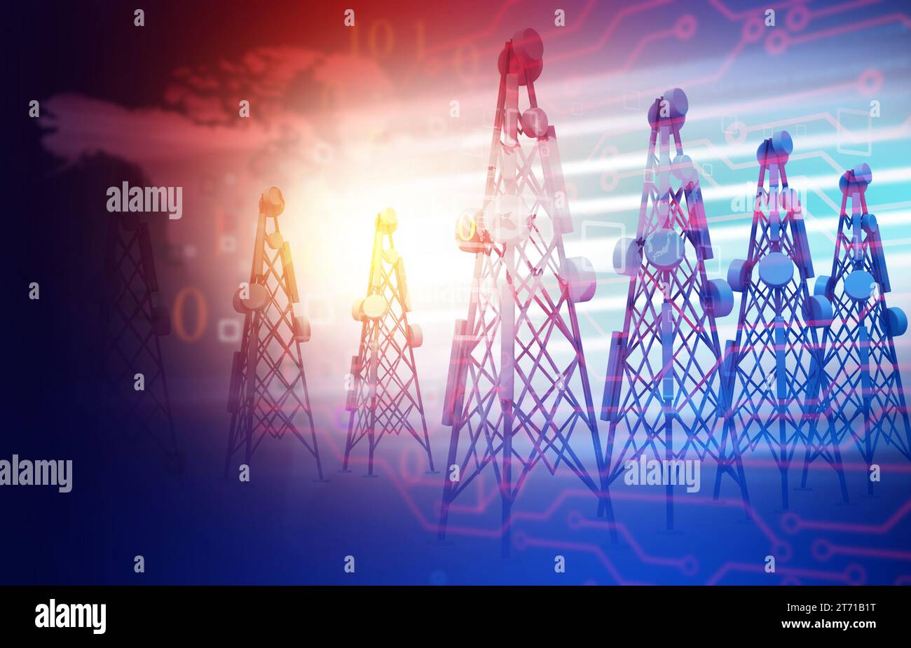 Telecommunication towers on abstract technology background. 3d ...