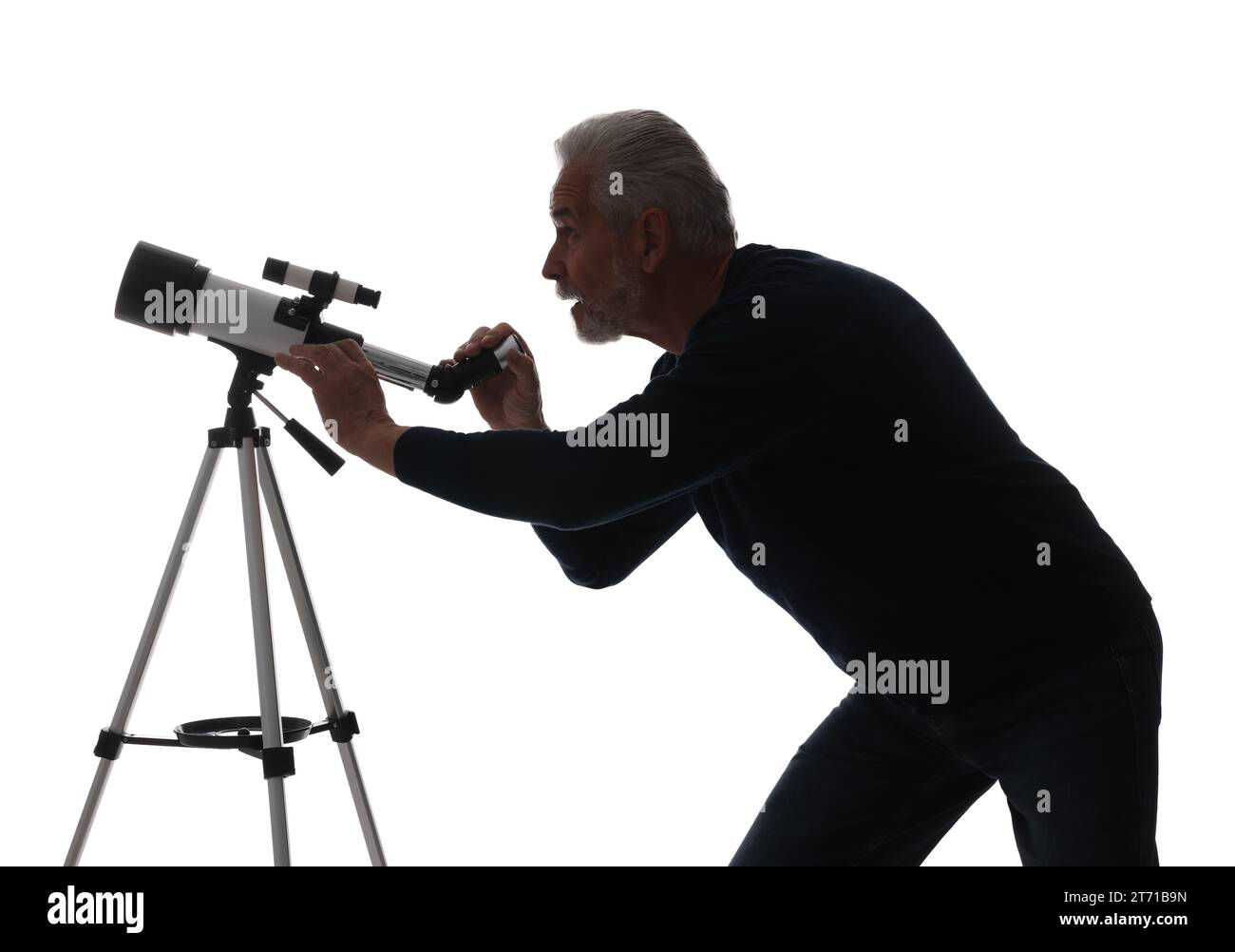 Senior astronomer with telescope on white background Stock Photo - Alamy