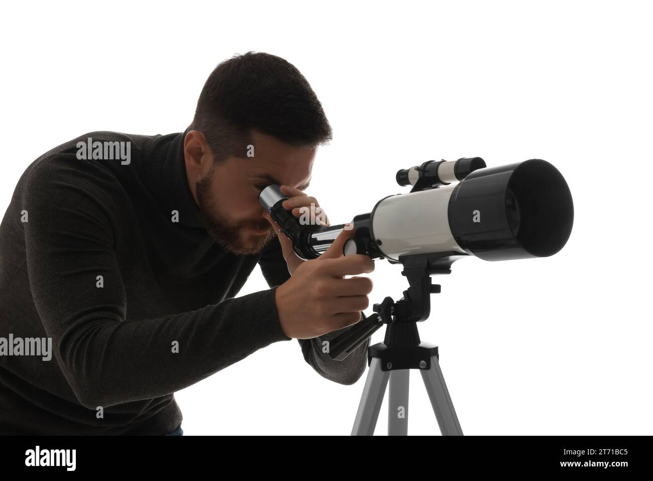 Astronomer looking at stars through telescope on white background Stock ...