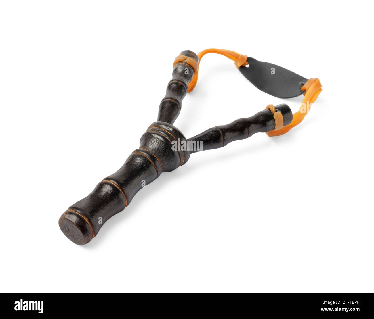 Black wooden slingshot with leather pouch on white background Stock ...