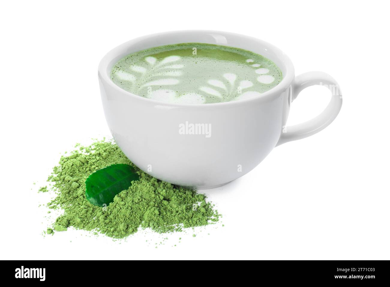 Delicious matcha latte in cup, powder and leaf on white background ...