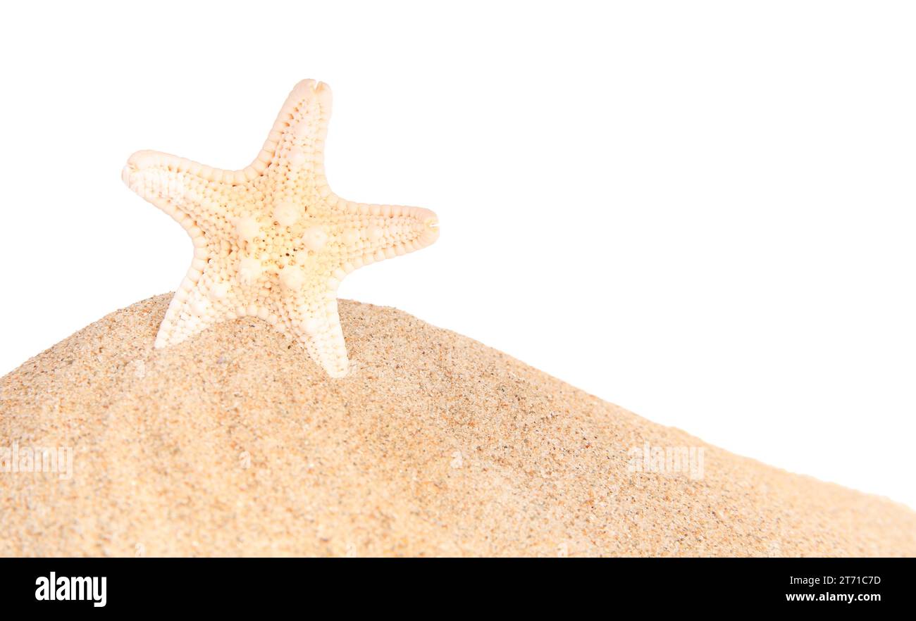 Sand with beautiful sea star isolated on white, space for text Stock ...