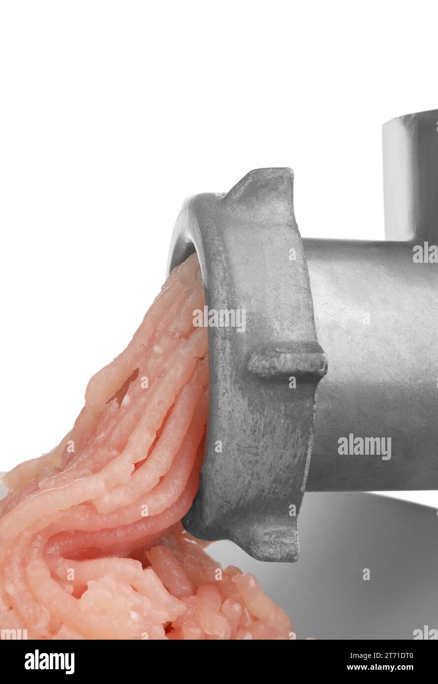 Metal meat grinder with chicken mince isolated on white Stock Photo - Alamy