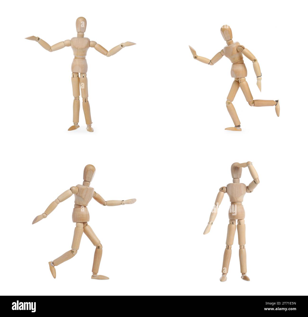 Wooden puppet on white background, collection of different poses Stock ...
