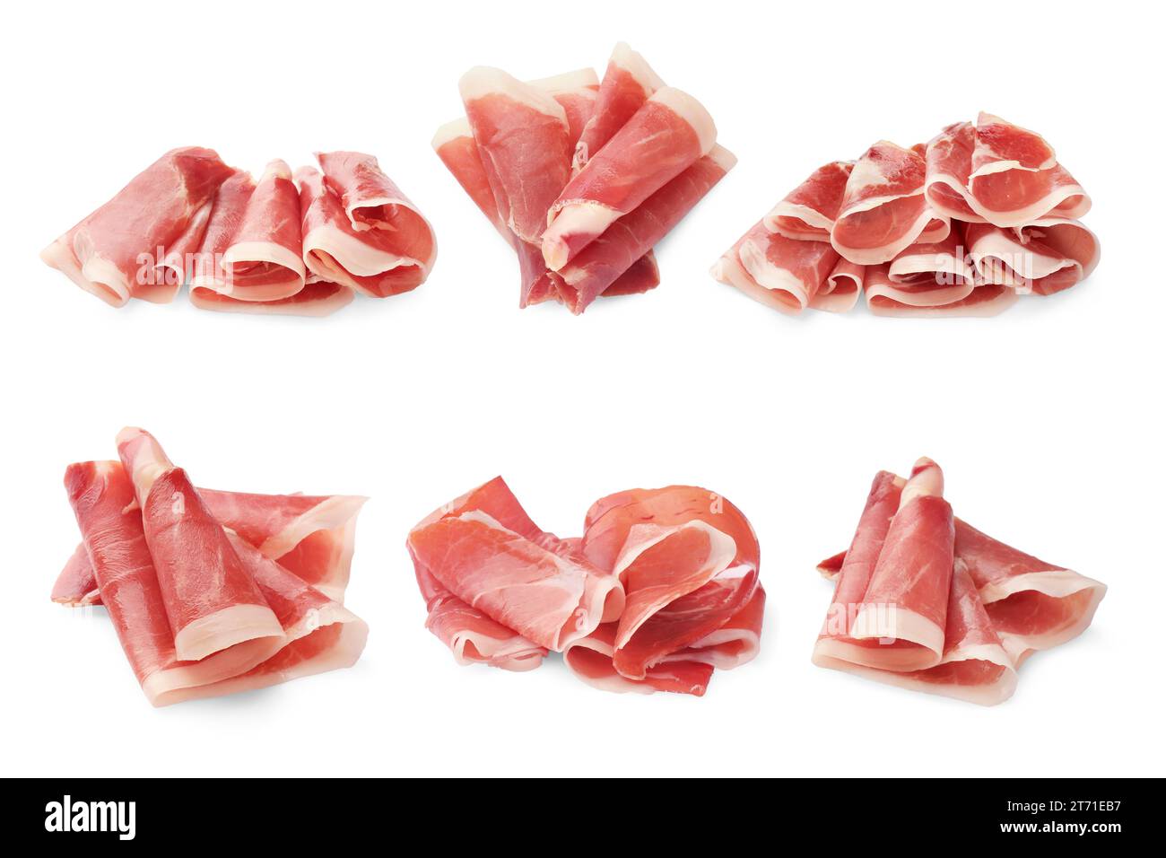 Delicious sliced jamon isolated on white, set Stock Photo - Alamy