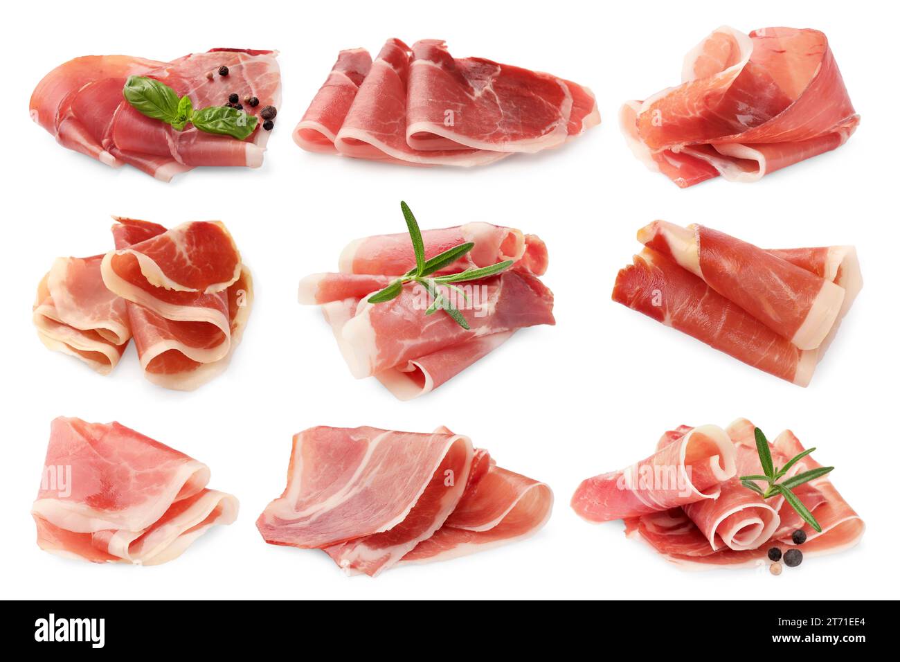 Delicious sliced jamon isolated on white, set Stock Photo - Alamy