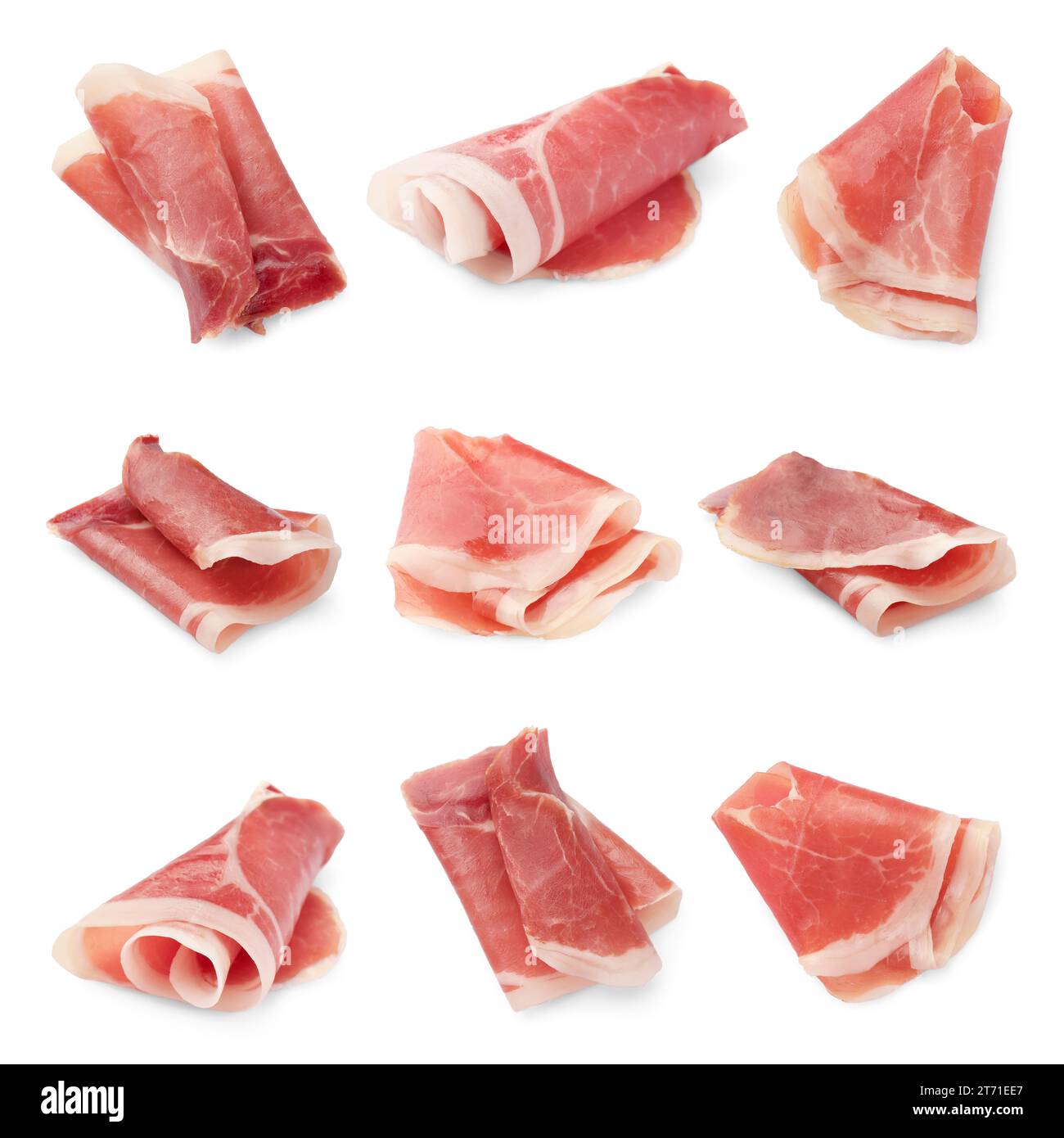 Delicious sliced jamon isolated on white, set Stock Photo - Alamy