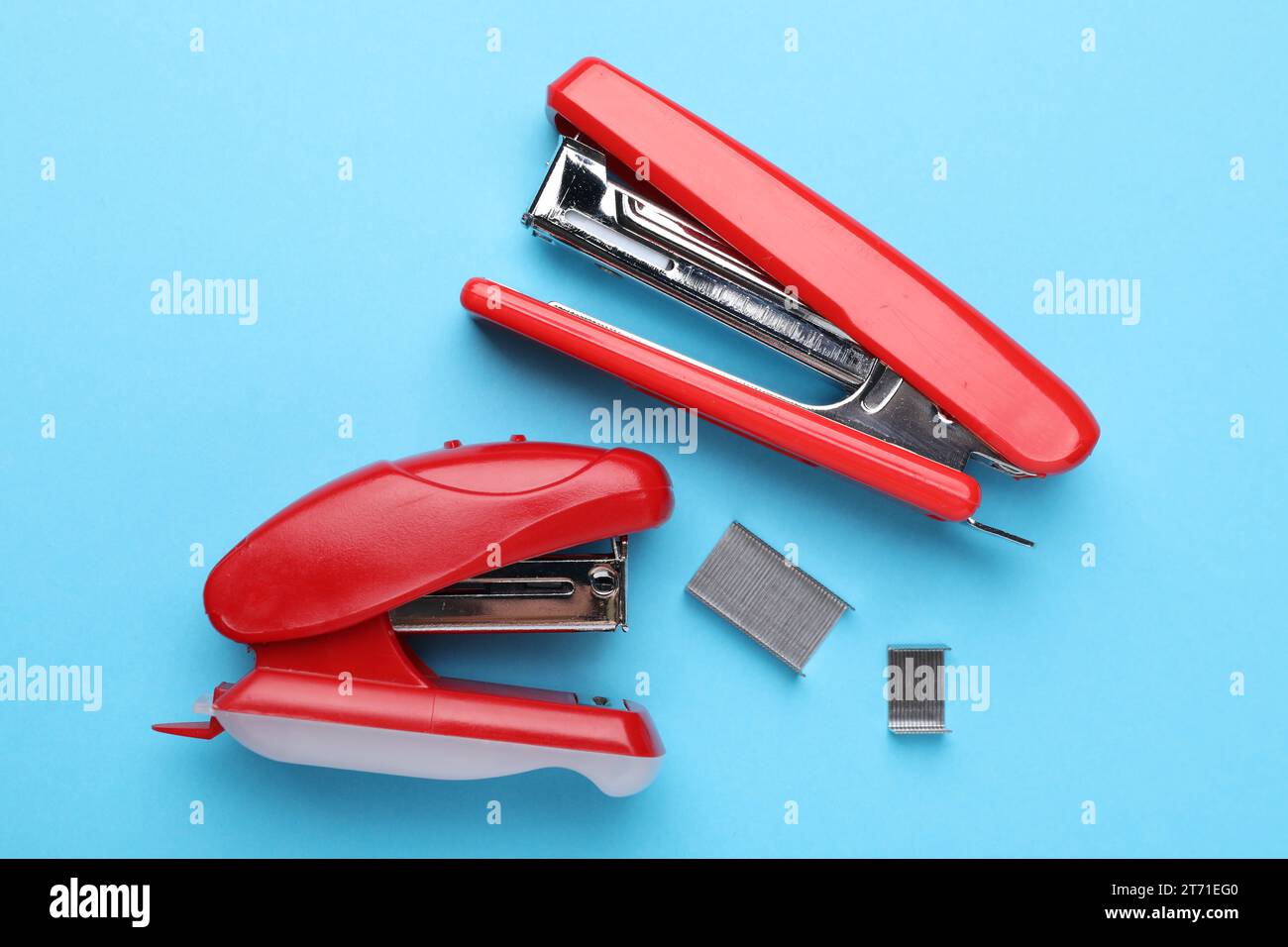 Bright staplers with staples on light blue background, flat lay Stock ...