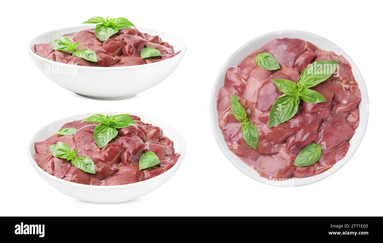 Fresh chicken liver in bowl isolated on white, collection. Top and side ...