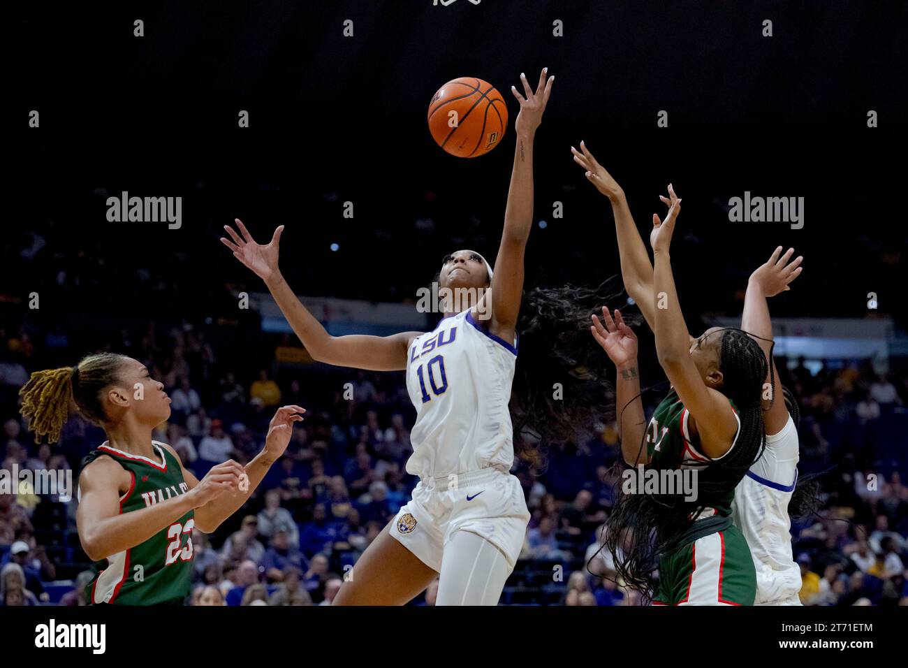 LSU forward Angel Reese (10) grabs a rebound during the first half of ...