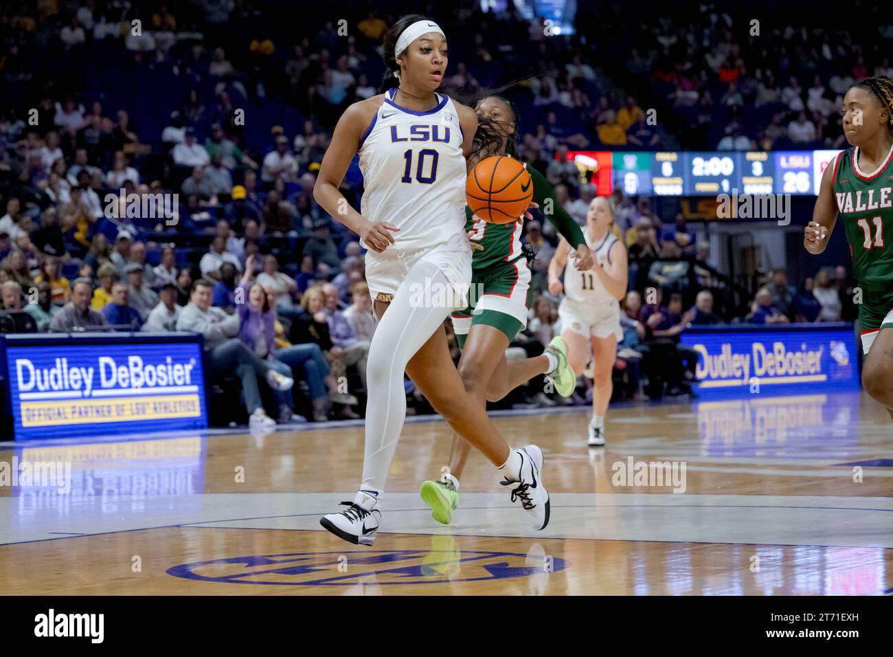 LSU forward Angel Reese (10) dribbles during the first half of an NCAA ...