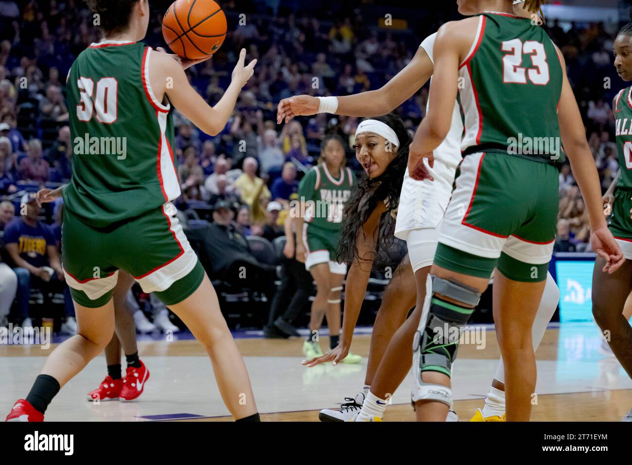 LSU forward Angel Reese (10) signals the "Too Small" taunt during the ...