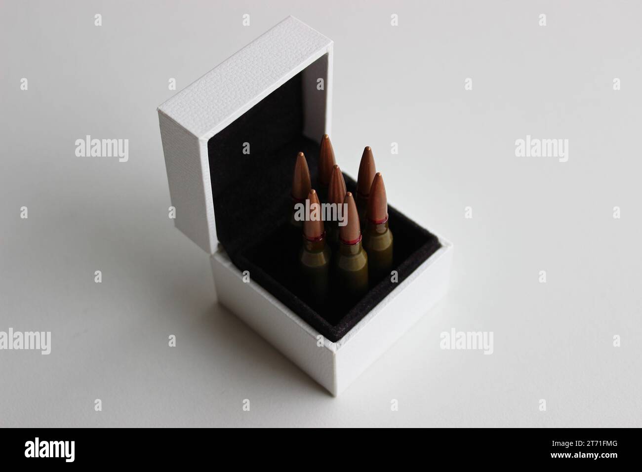 Seven bullets in a white box with black trim lined up like in a ...