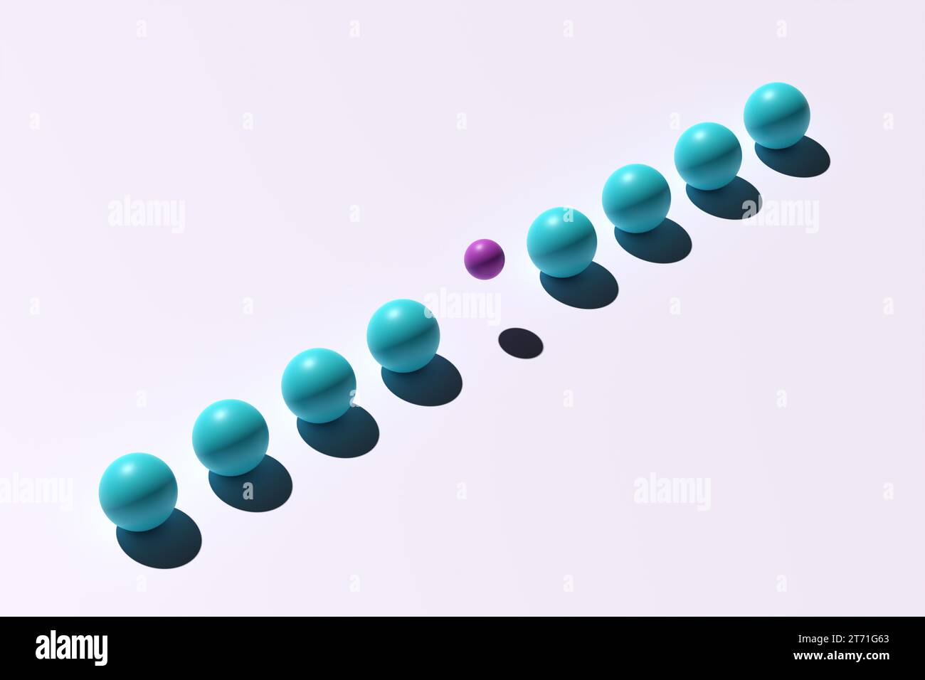 Levitating little purple ball stands out from the crowd of blue balls ...