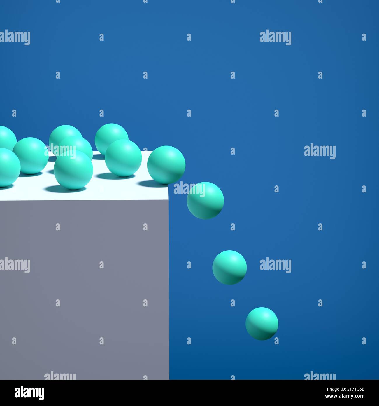 Many green balls or spheres fall over edge of white box against blue ...